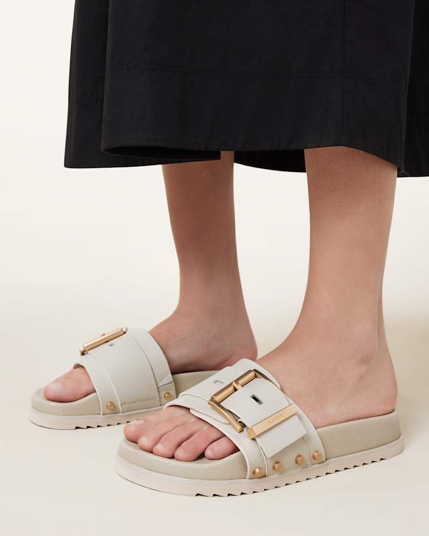 Ellie Studded Buckle Leather Sliders Chalk White | ALLSAINTS